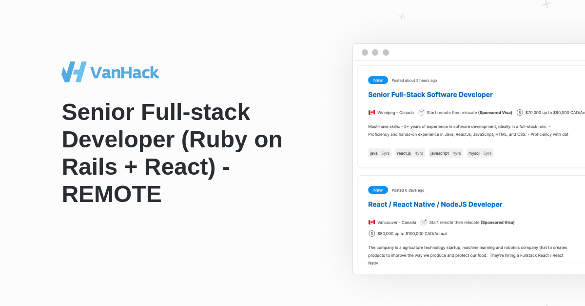 Senior Full Stack Developer Ruby On Rails React Remote Vanhack